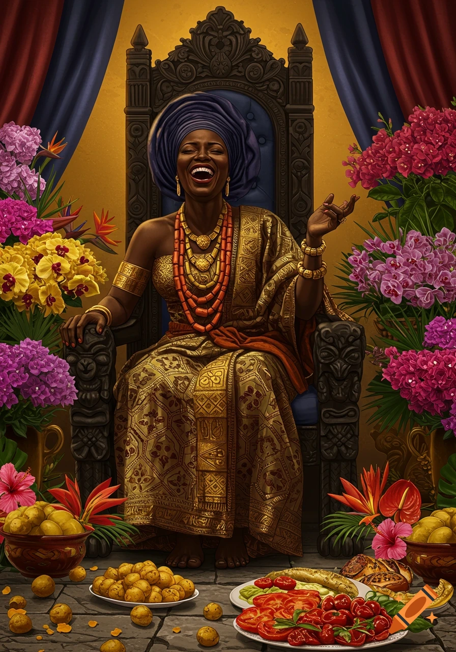 A Black queen in traditional attire on a throne, laughing amidst ...