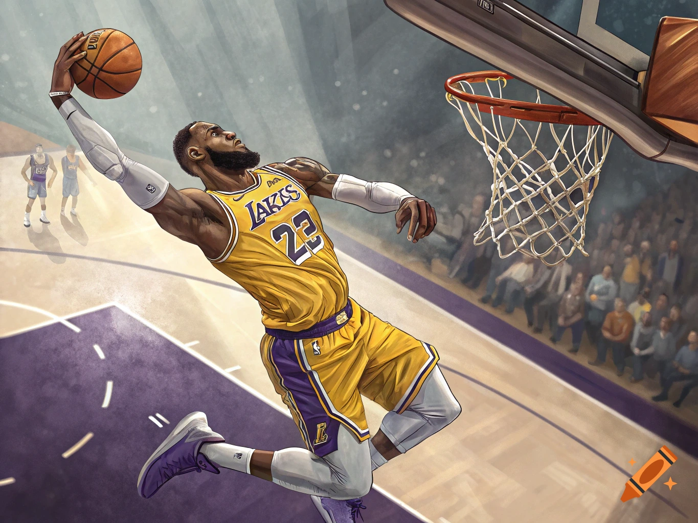 Illustration of LeBron James dunking a basketball. on Craiyon