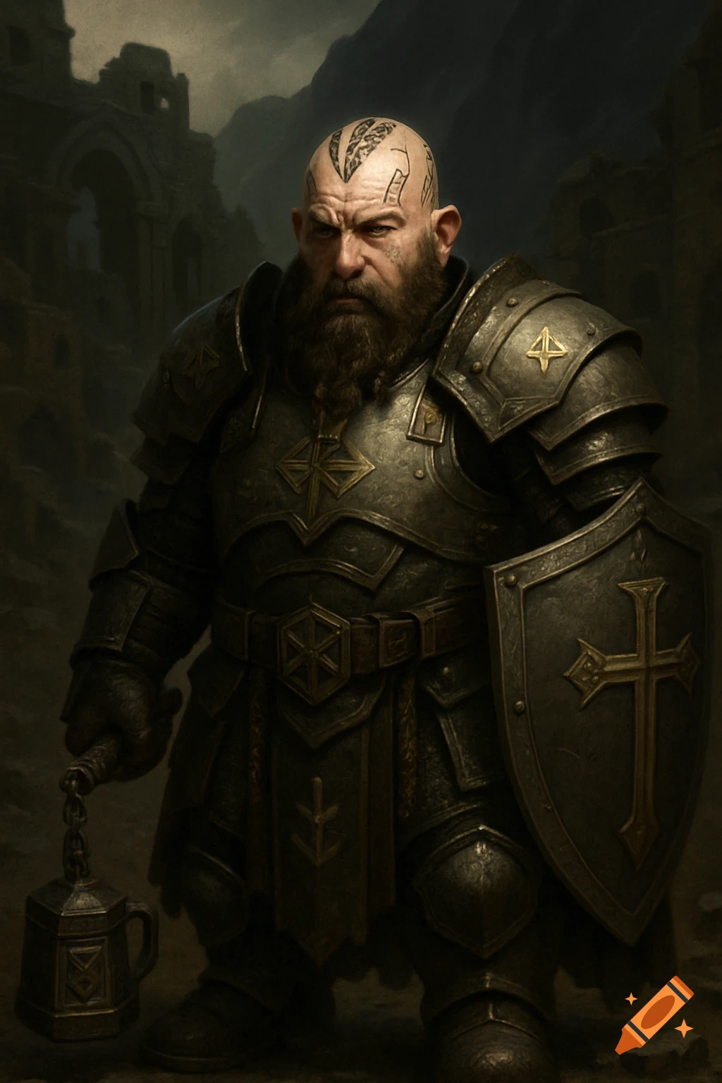 A dwarf warrior in heavy armor holding a shield and flail, standing in ...