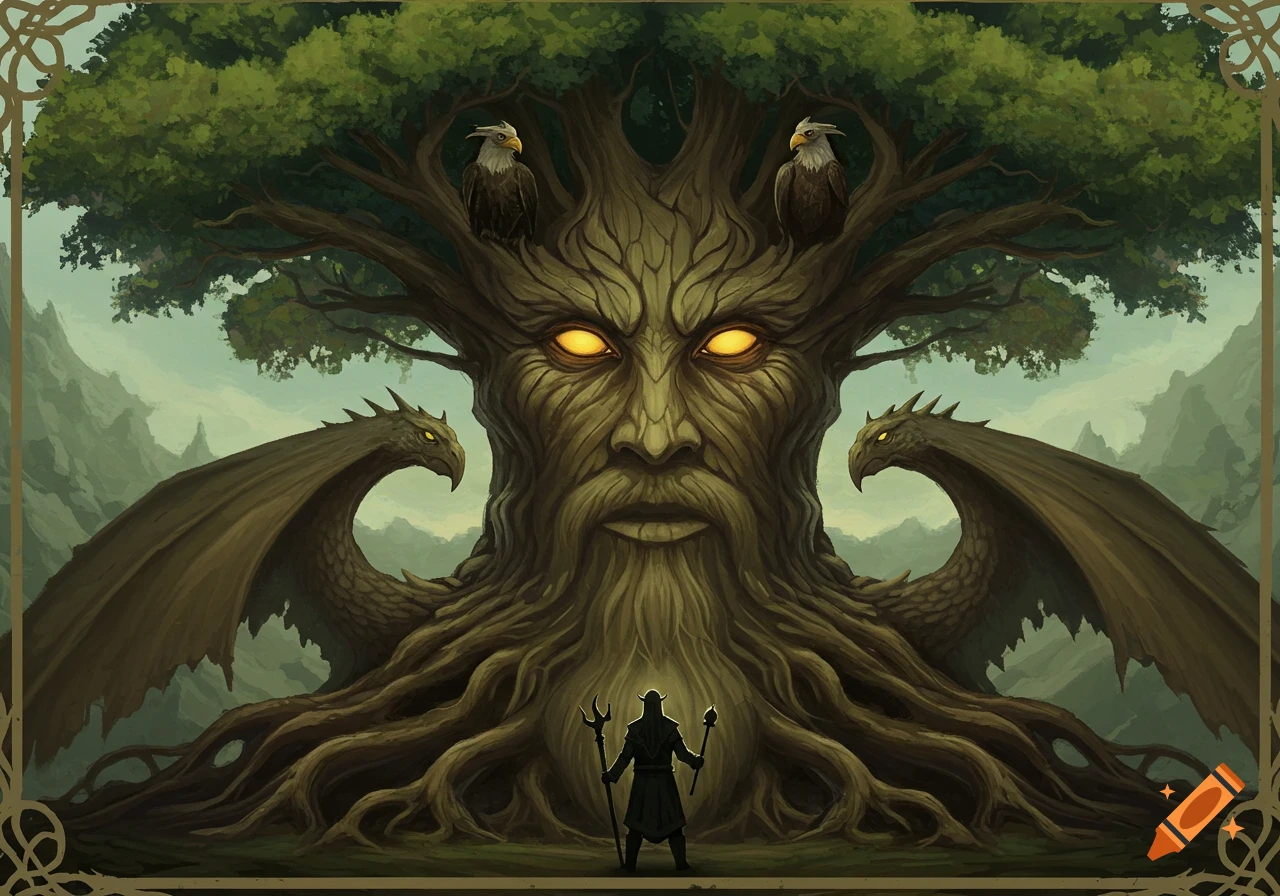 A giant tree with a face and glowing eyes stands in a fantasy landscape ...