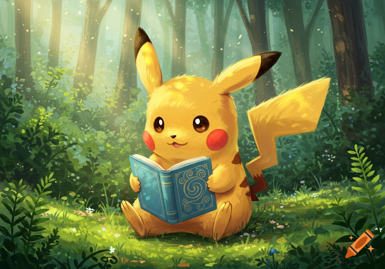Pikachu reads a book in a sunny forest clearing, soft illustration ...