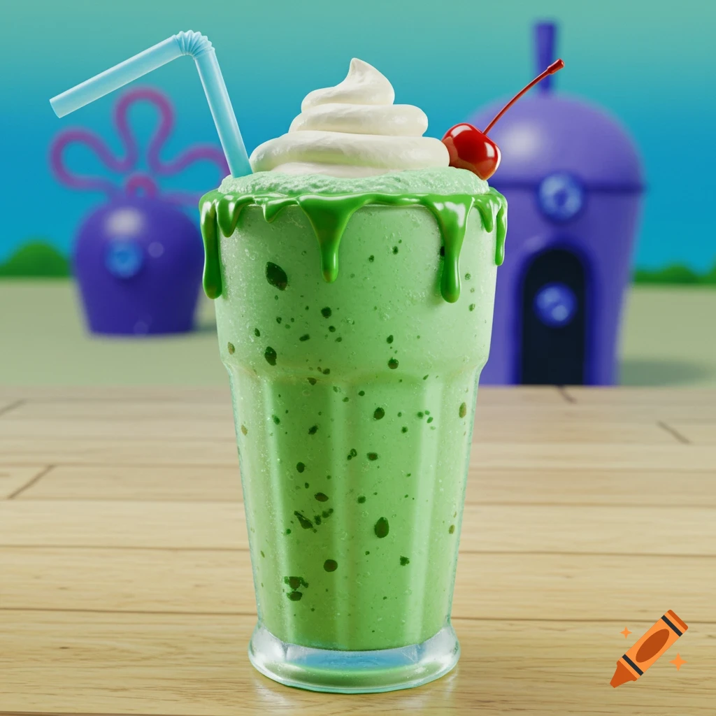 A 3D render of a green kelp shake with whipped cream and cherry in the Spongebob universe. on ...