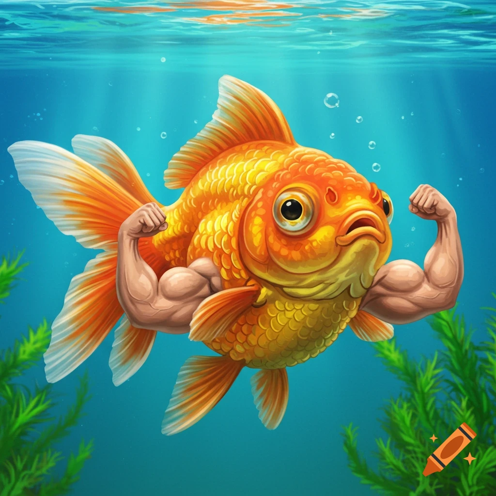 A cartoon goldfish with muscular human arms flexing underwater. on Craiyon