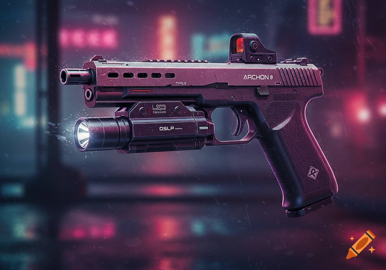Close-up of a futuristic pistol with flashlight and red dot sight ...