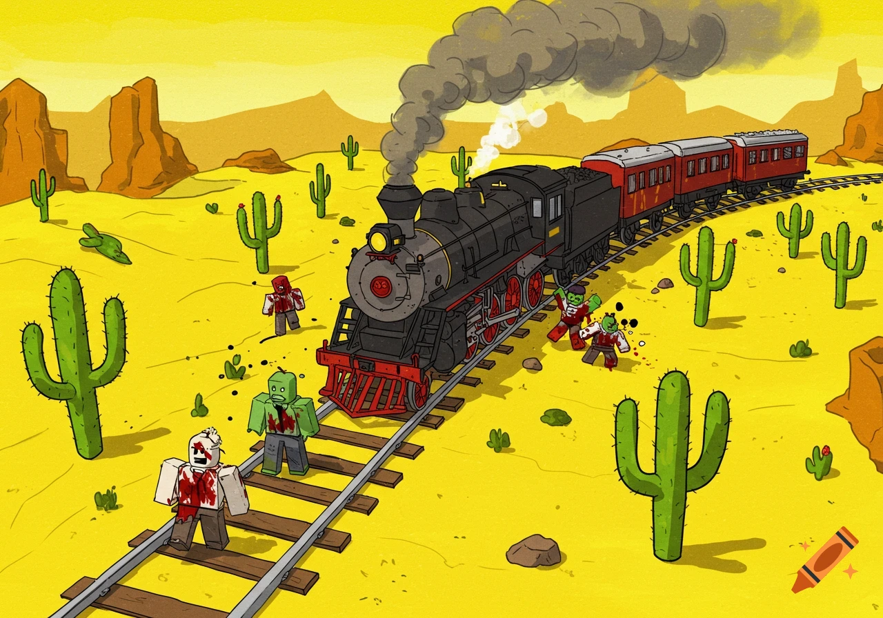 Cartoon drawing of a train hitting blocky zombies in a yellow desert ...