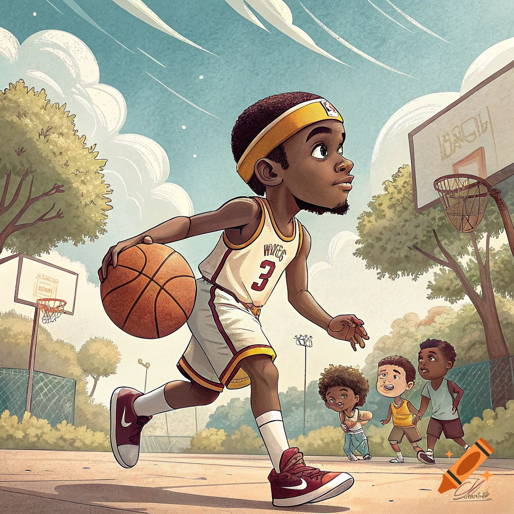 Cartoon illustration of a young boy dribbling a basketball on an ...