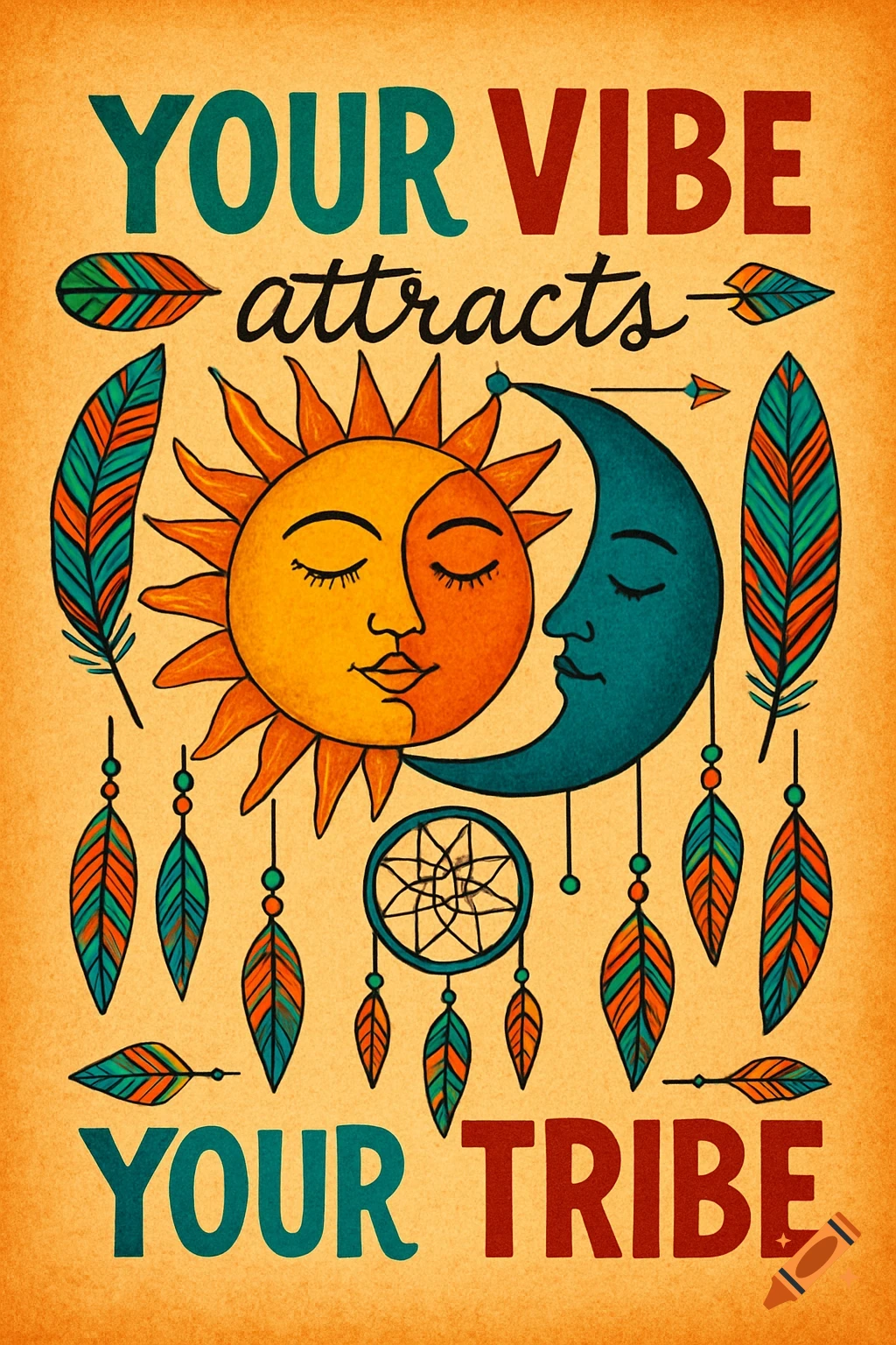 Illustrated poster with a sun and moon, feathers, arrows, and a ...