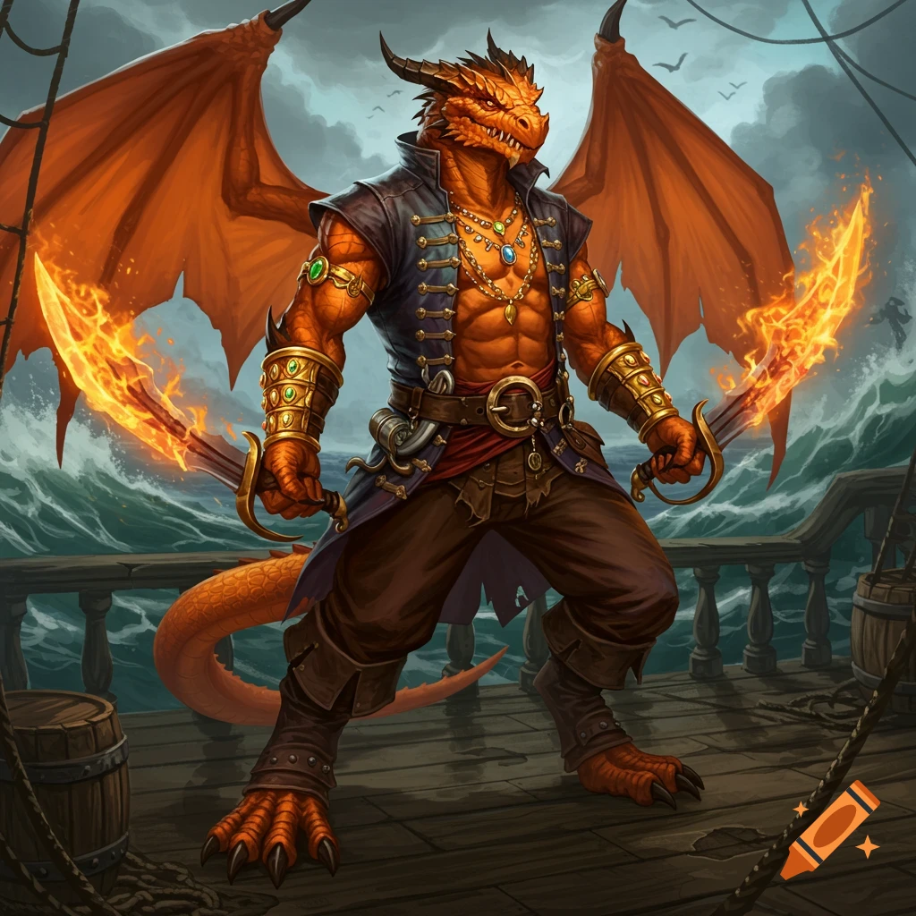 An orange dragonborn pirate stands on a ship deck holding two flaming ...