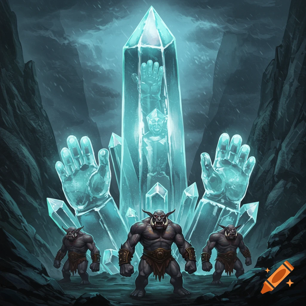 Three muscular trolls guard large blue crystal formations containing ...