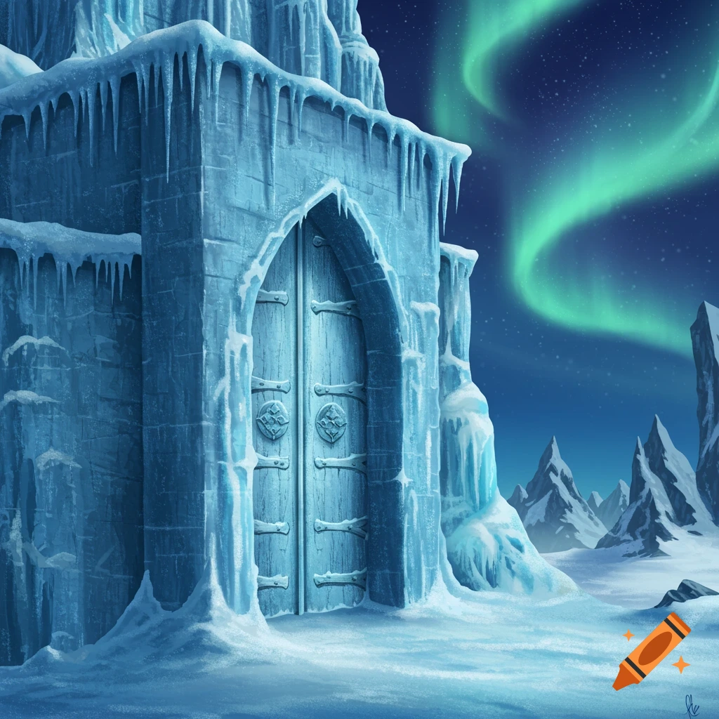 Frozen castle doors covered in ice and icicles with mountains and ...