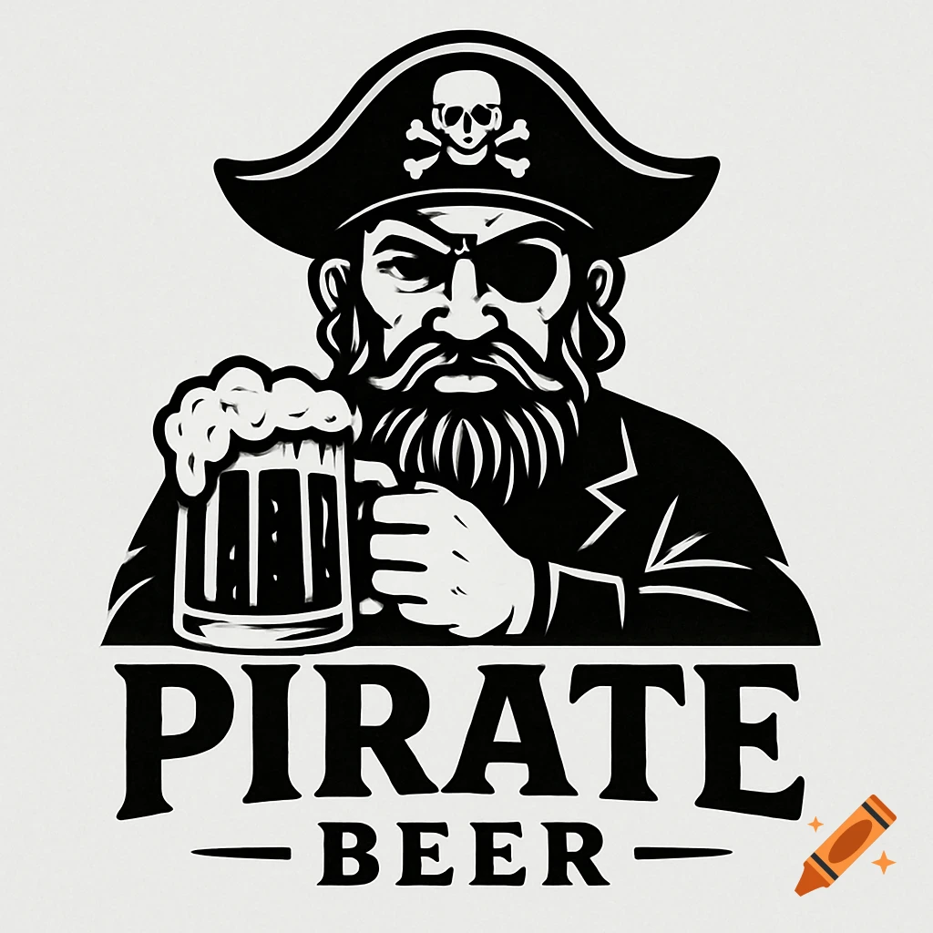 Black and white pirate logo holding a beer mug with text PIRATE BEER ...