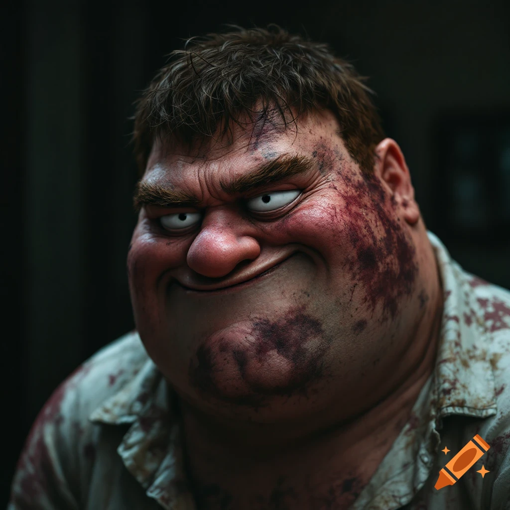 Close-up portrait of a bruised, grinning cartoon man with wide eyes. on ...