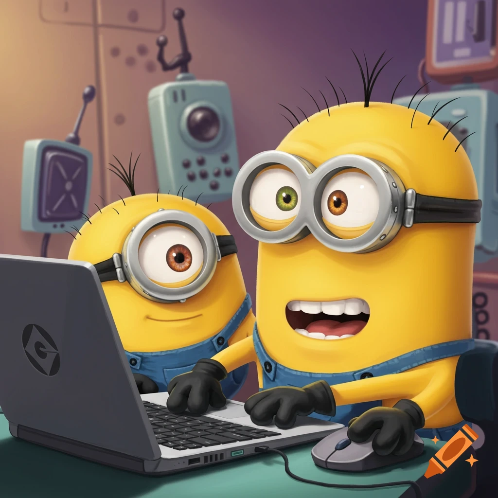 Two Minions use a laptop, one typing and one using a mouse. on Craiyon