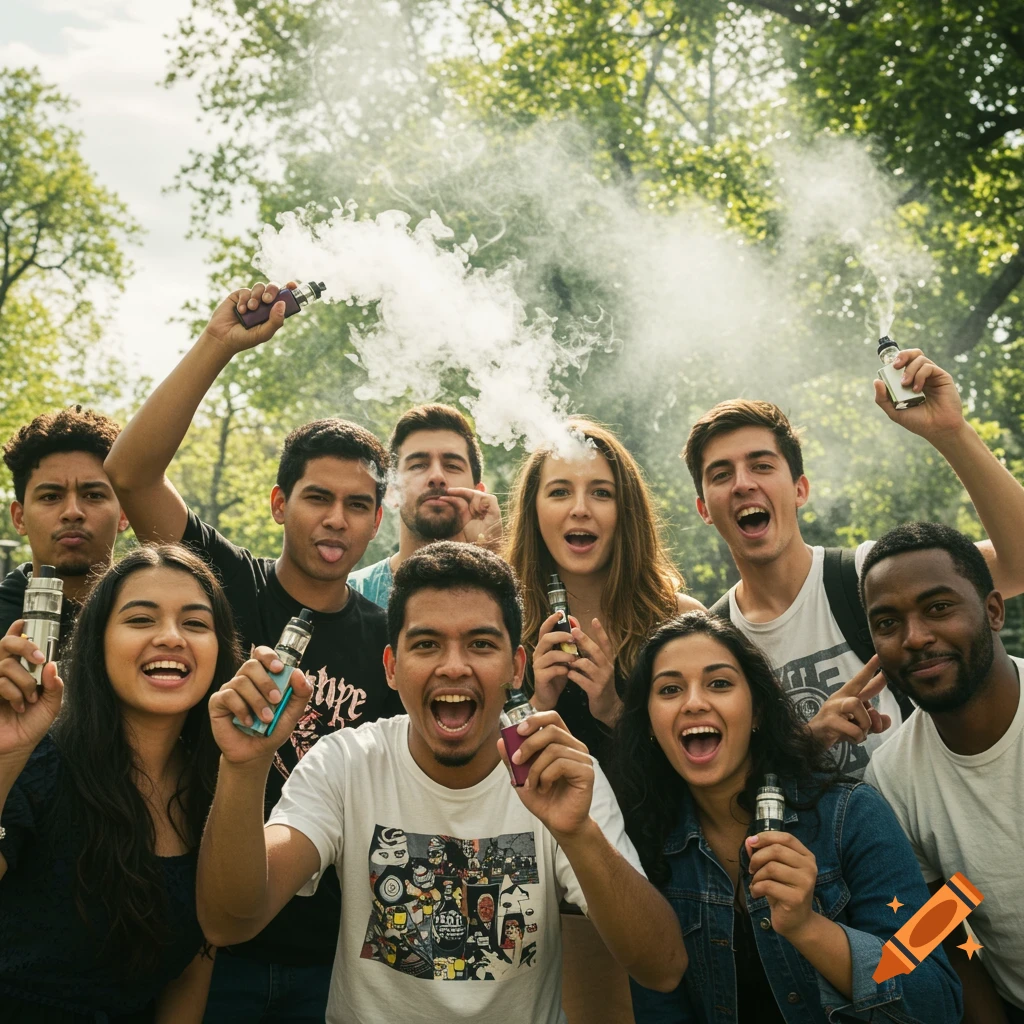 A group of young people happily vaping outdoors. on Craiyon