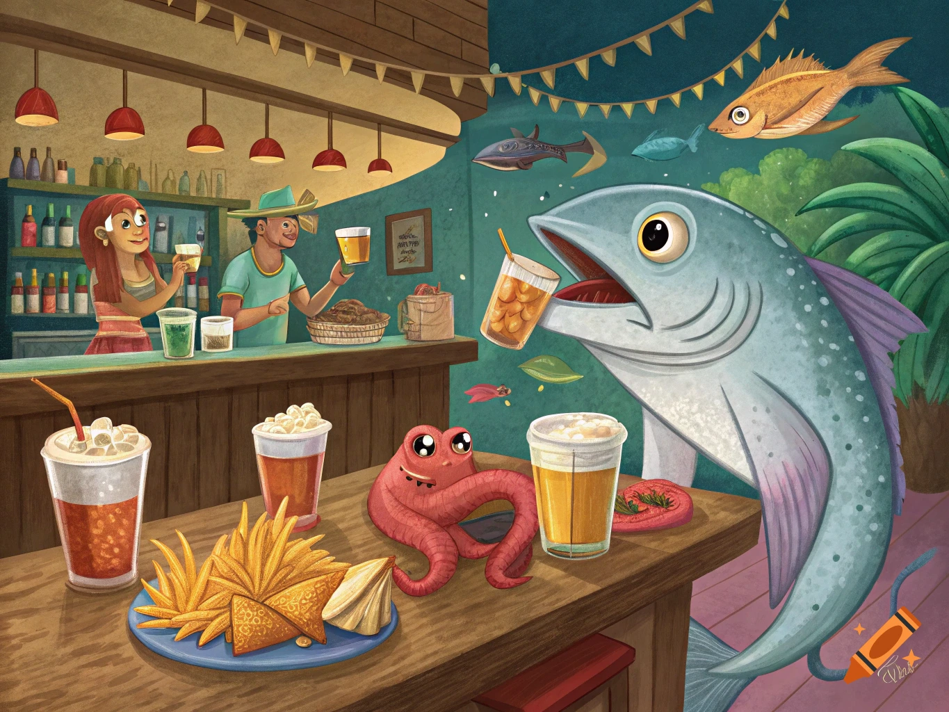 Cartoon animals and humans drink at a bar. on Craiyon