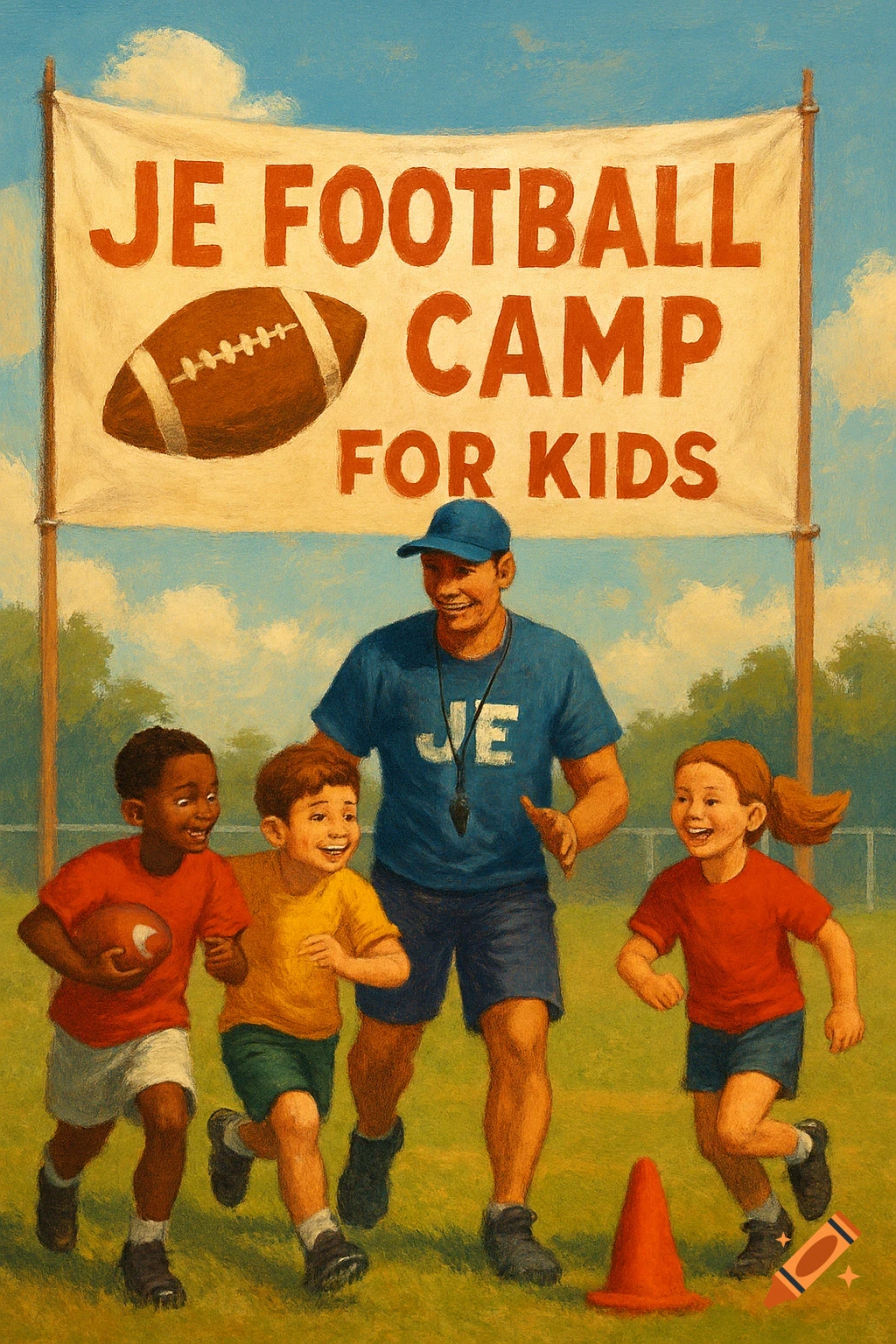 Coach and kids running during football practice under a banner ...