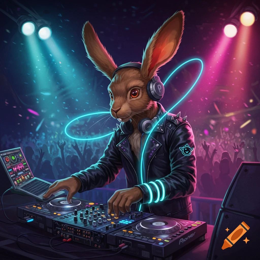 Rabbit DJ in leather jacket and headphones at a neon-lit concert on Craiyon