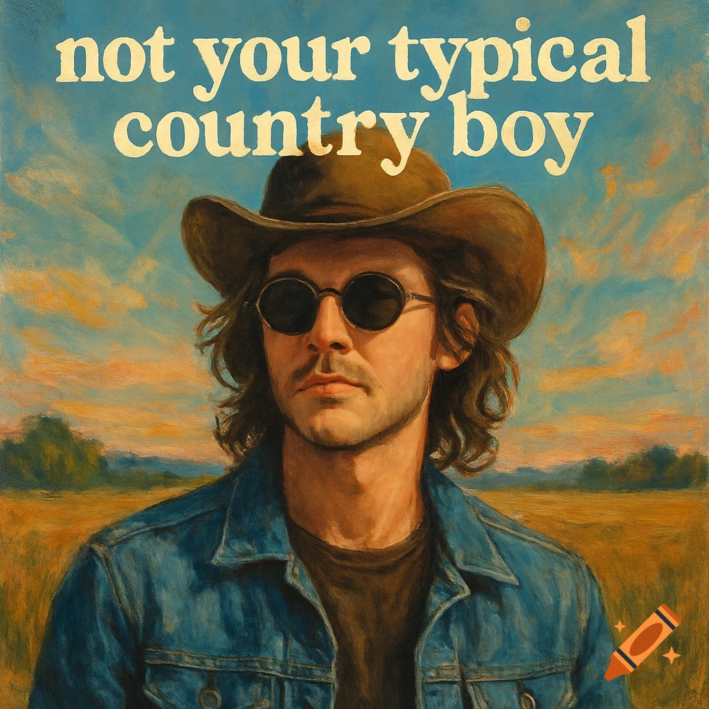 Painting of a man in a cowboy hat and sunglasses with the text 'not ...