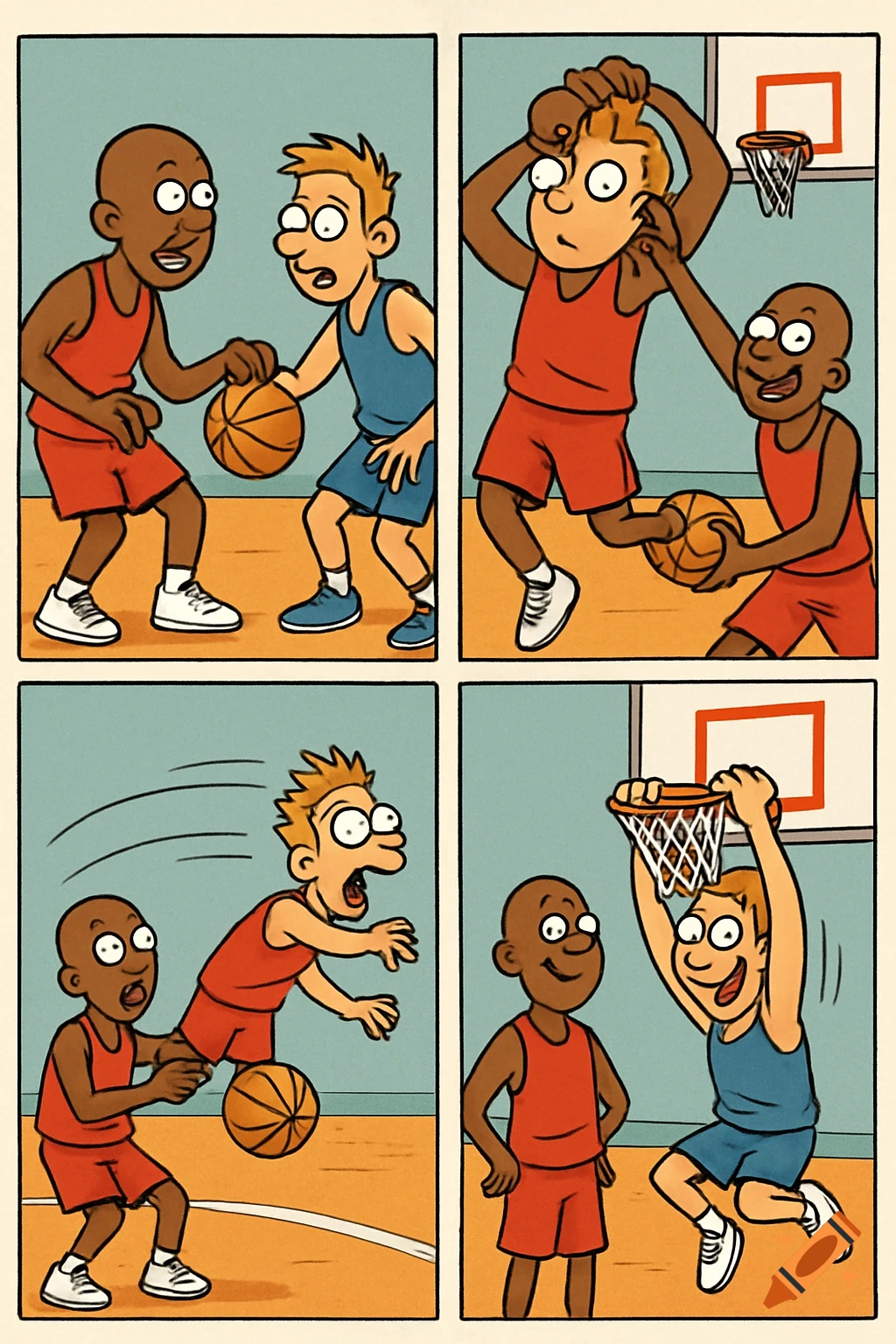 A four-panel cartoon comic strip shows two boys playing basketball ...