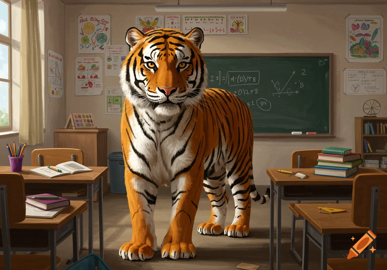 A large tiger stands in the middle of a classroom. on Craiyon
