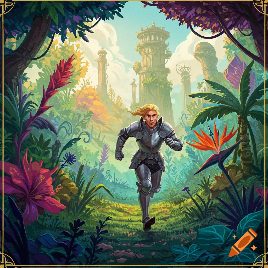 Knight running through vibrant jungle with ancient towers, illustrative style on Craiyon