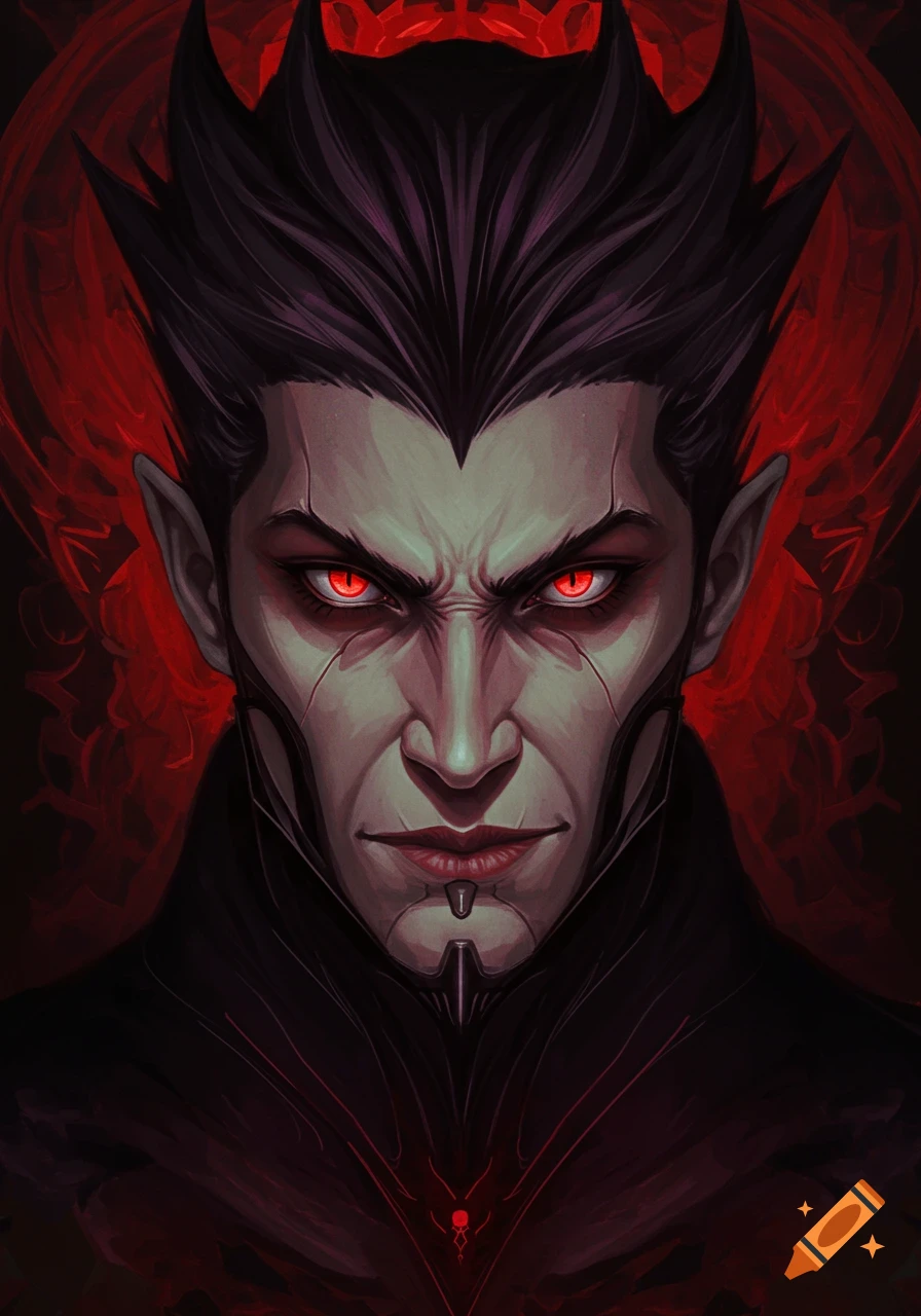 Portrait of a villain with spiky dark hair, glowing red eyes, and dark ...