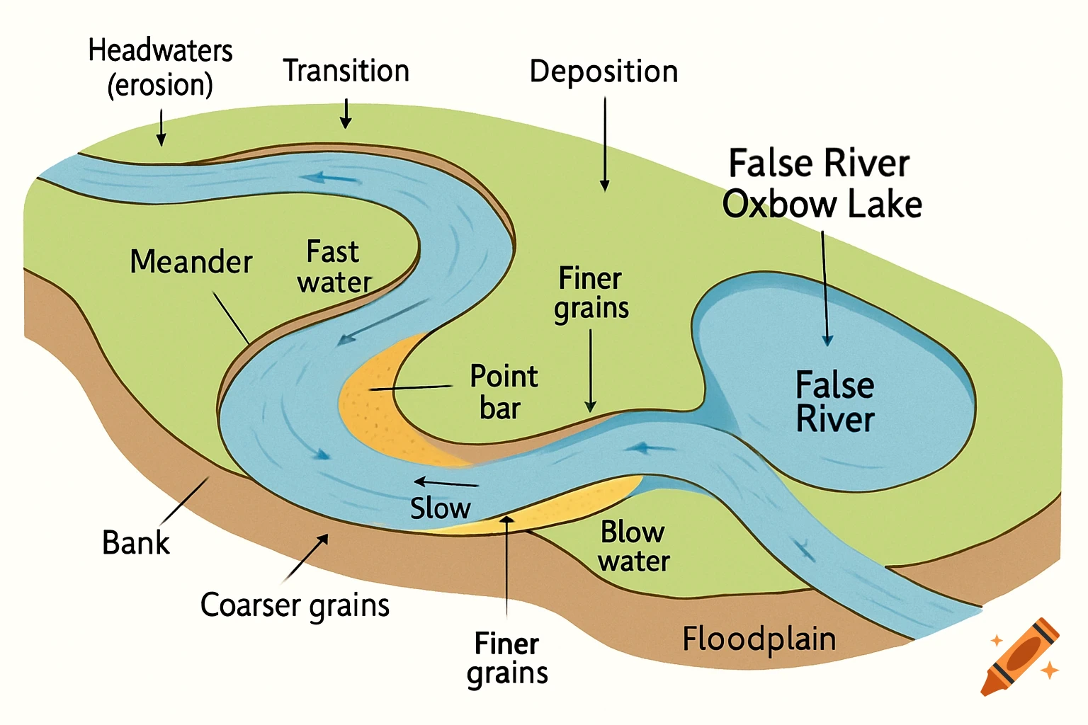 Diagram of a river meander, showing erosion, deposition, point bar, floodplain, and oxbow lake ...
