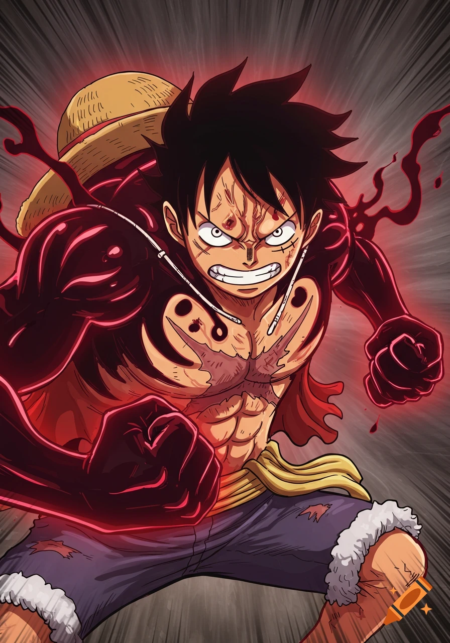 Anime illustration of Luffy from One Piece with dark, armored arms in ...