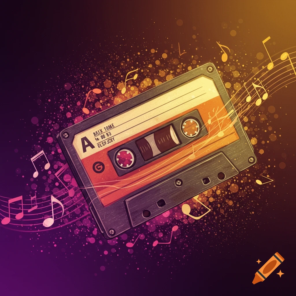Illustration of a cassette tape surrounded by music notes and glittery ...