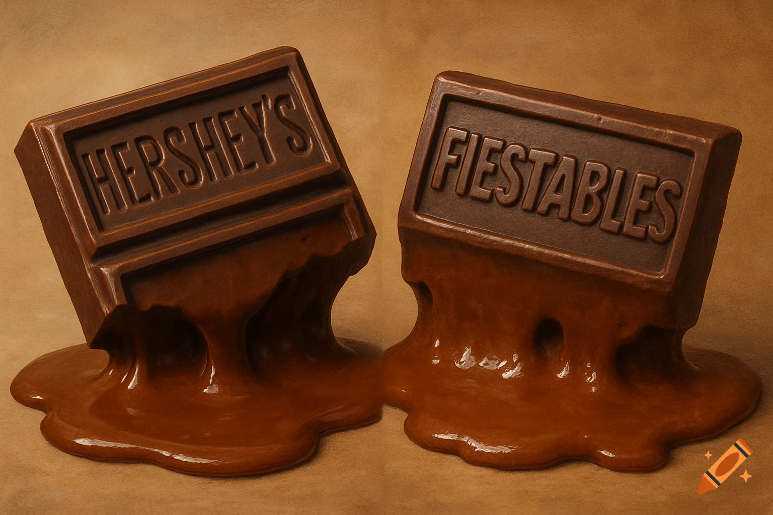 Two melting chocolate bars, Hershey's and Fiestables, on a brown ...