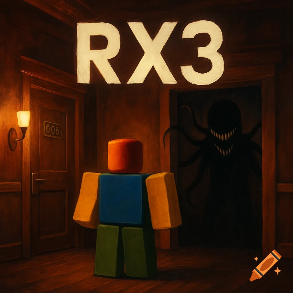 Roblox character faces a monster in a dark hallway with 'RX3' text ...