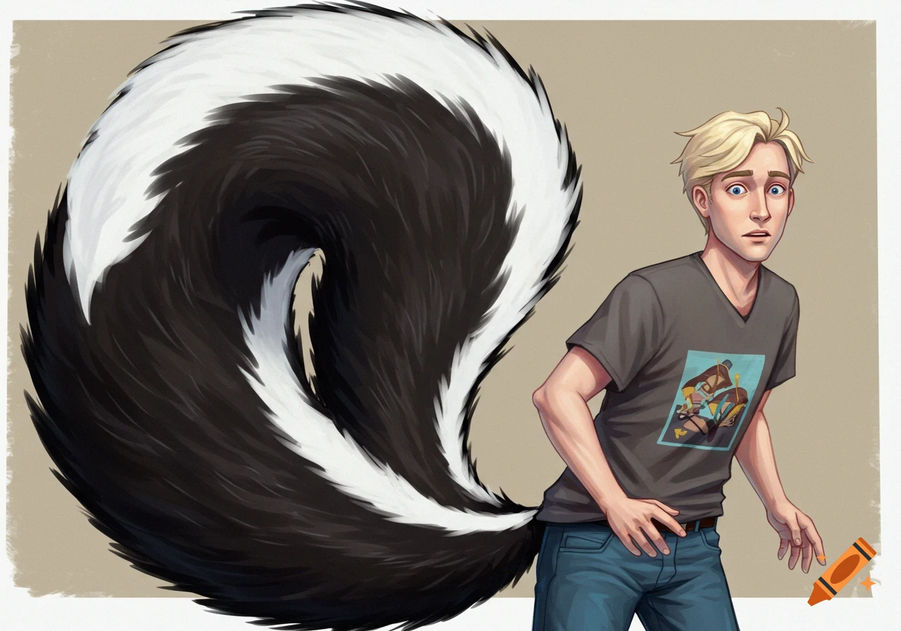 A man with blonde hair looks surprised as a huge black and white skunk ...