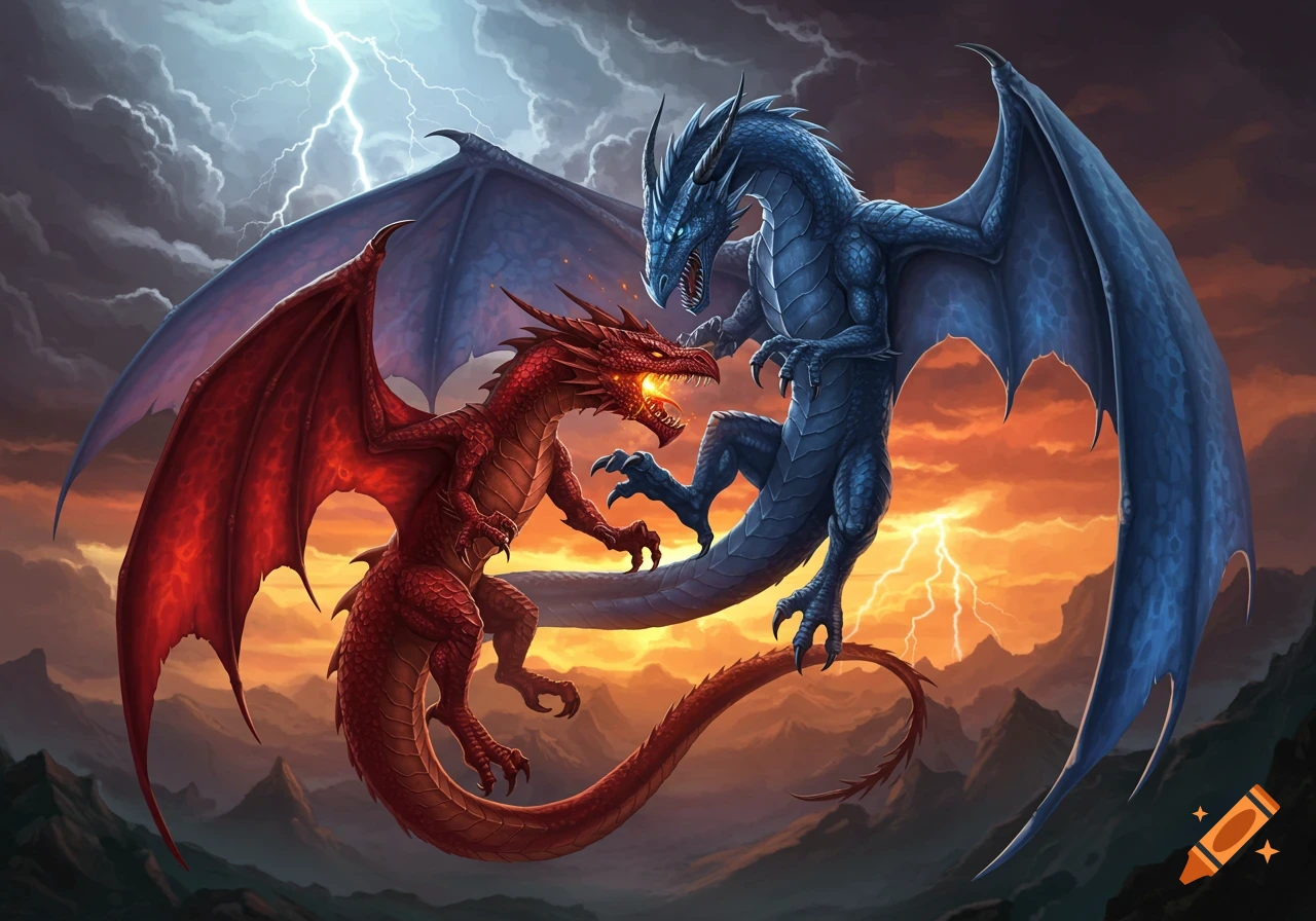 Red and blue dragons fighting in a dramatic stormy sky on Craiyon