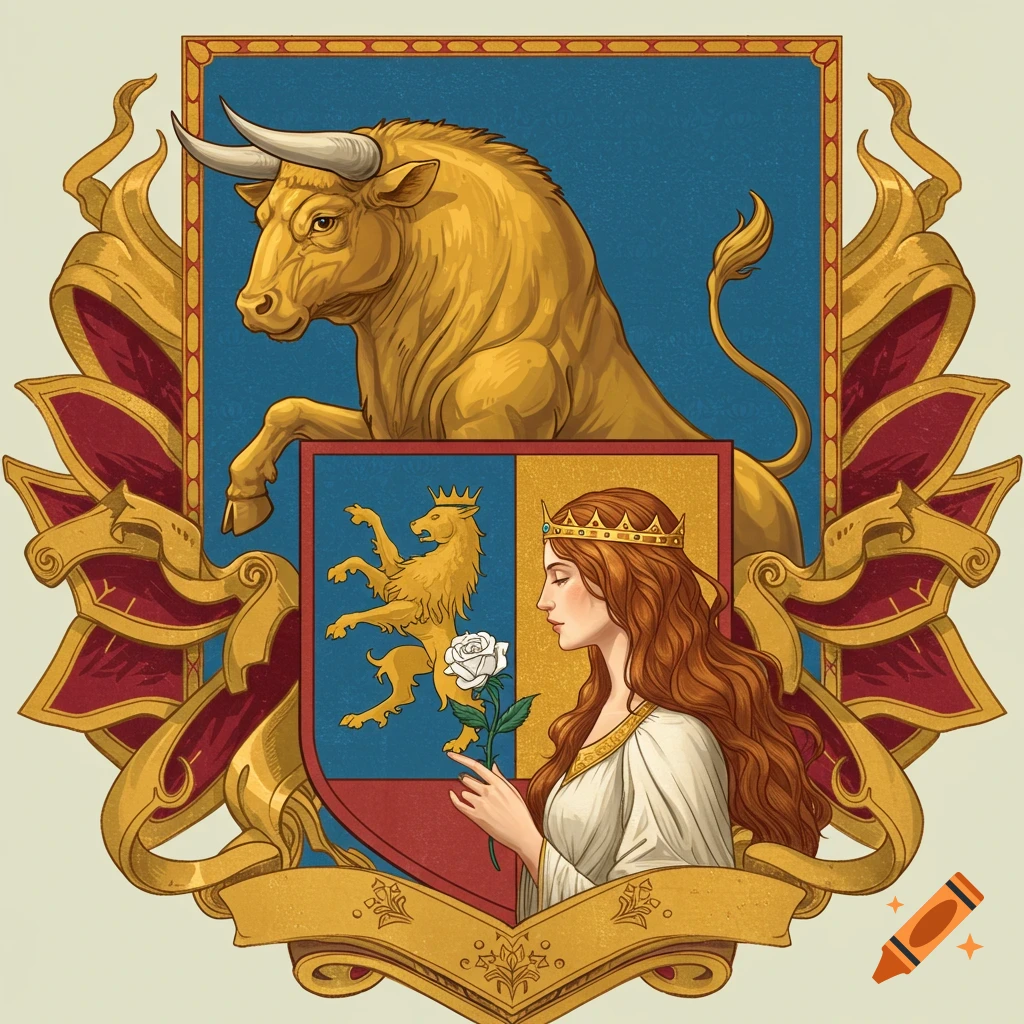 Heraldic crest with a bull, a lion on a shield, and a maiden holding a ...
