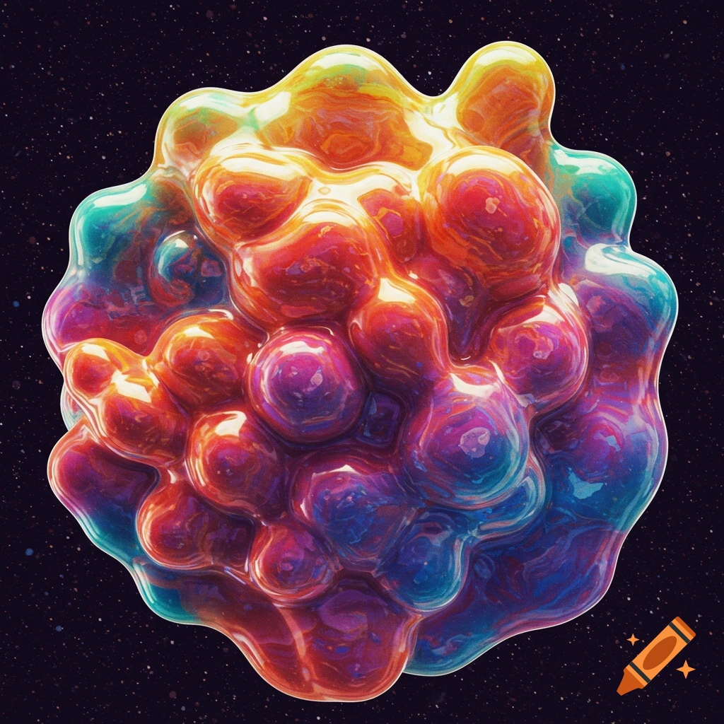 A colorful, glossy, blob-like organic shape floats in space. on Craiyon