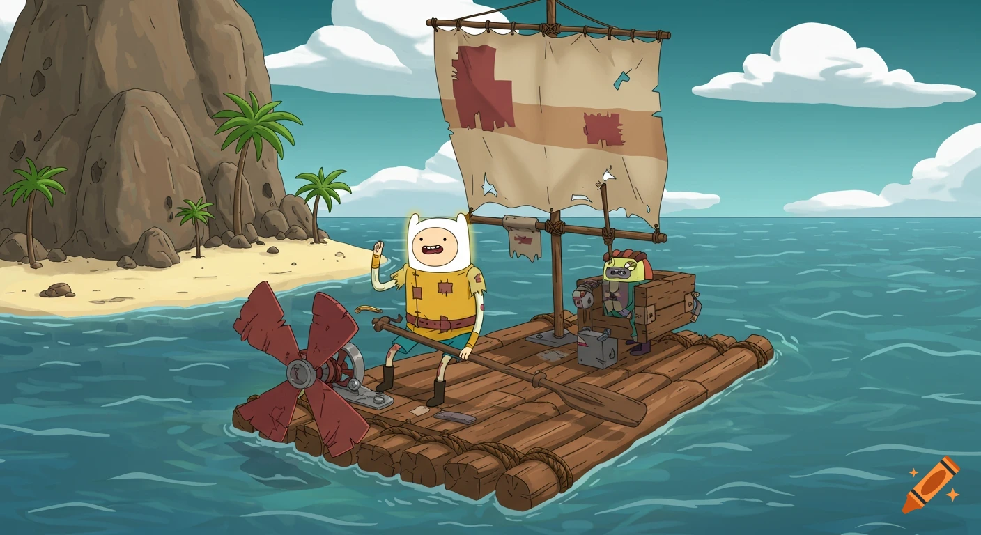 Finn and Jake on a makeshift raft approaching a tropical island in ...
