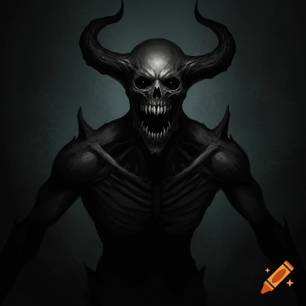 A close-up digital painting of a skeletal demon creature with large ...