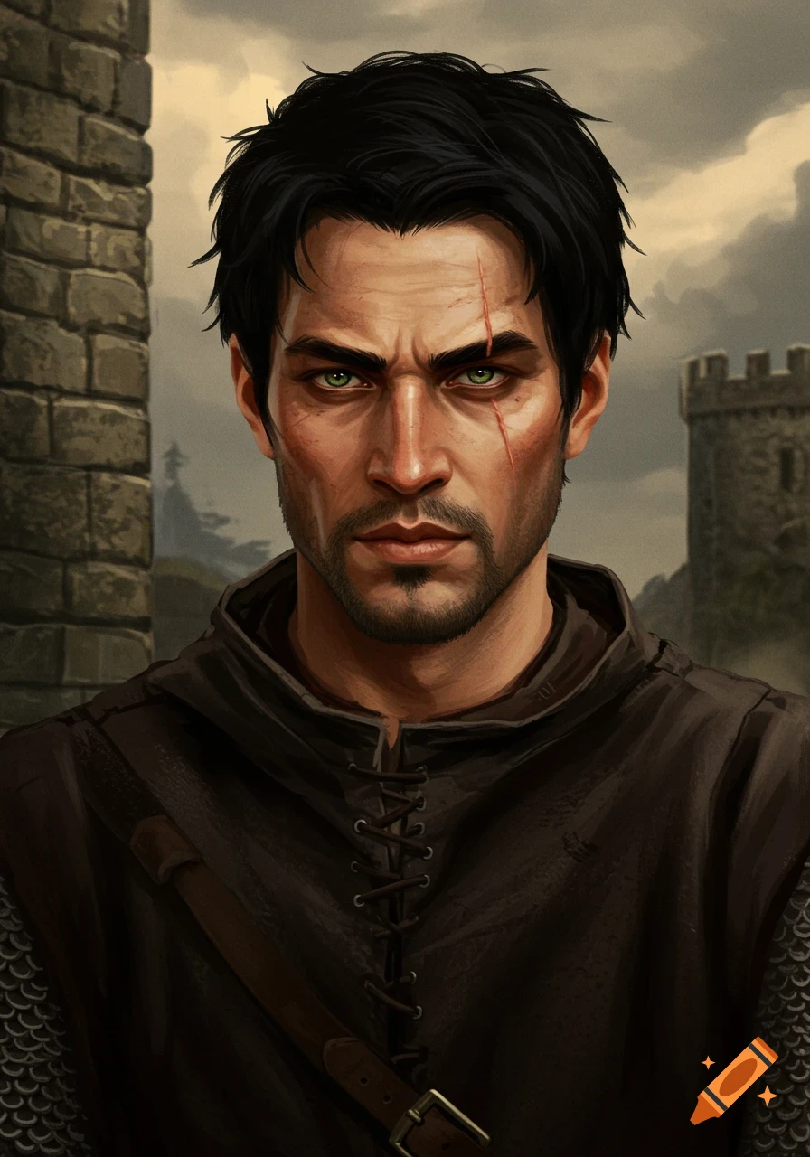 Portrait of a man with green eyes and face scars in medieval clothing ...