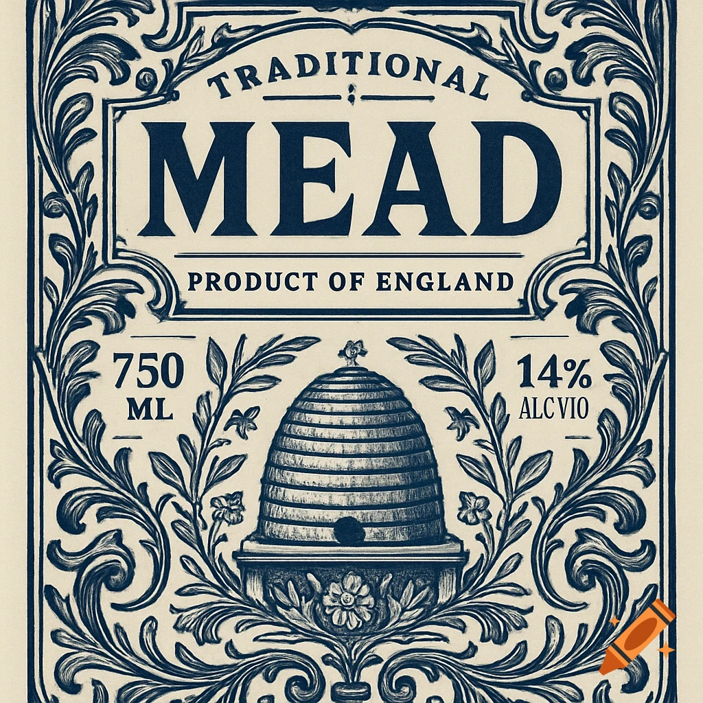 Vintage-style label illustration for mead with text, a beehive, and ...