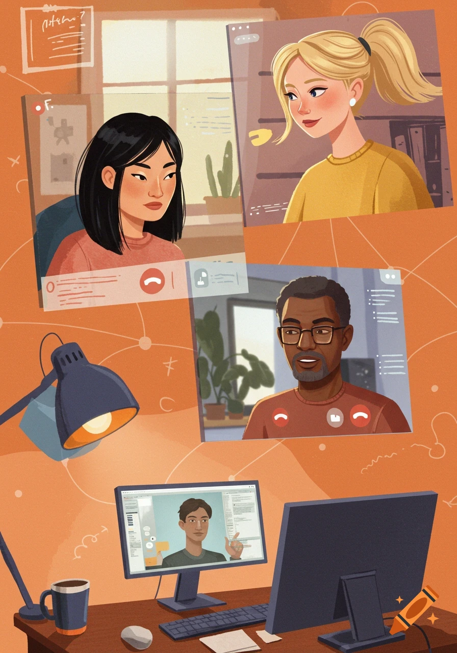 Illustration of four people on a virtual team video call with screens ...