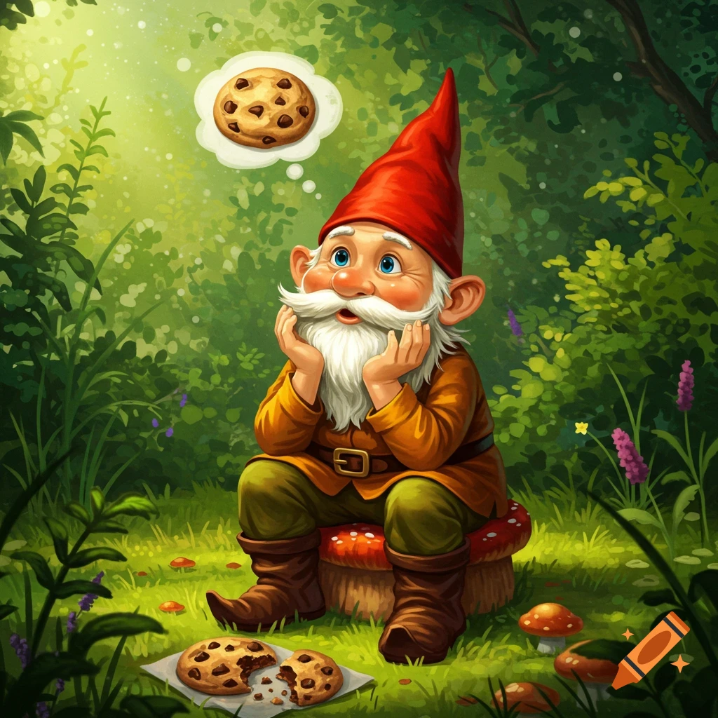 Illustration of a gnome sitting in a forest thinking about cookies ...