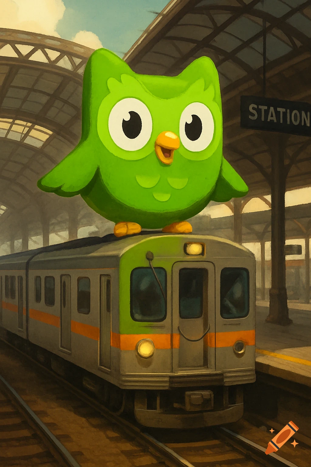 Illustration of the green Duolingo owl standing on top of a train at a ...