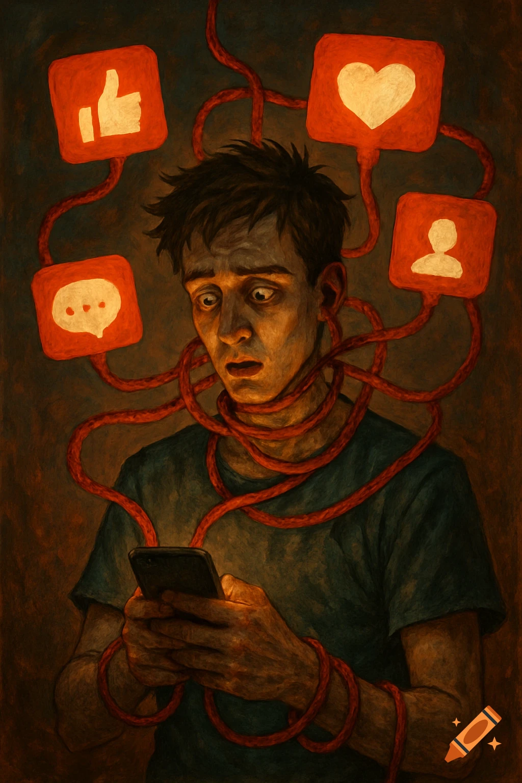 Illustrative painting of a man looking distressed while tangled in ...