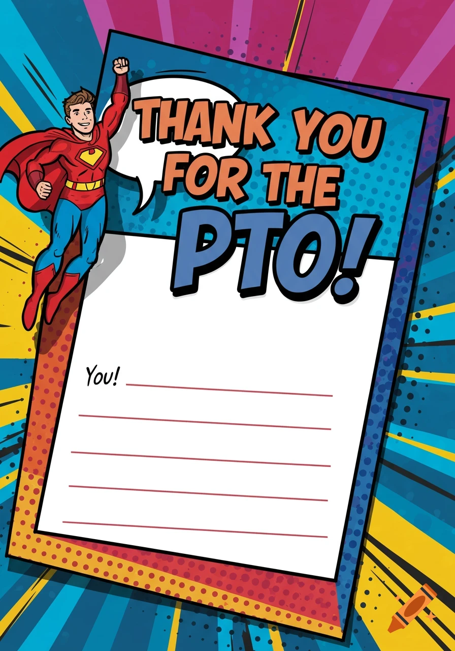 A thank you card in comic book style with a superhero and text 'THANK ...