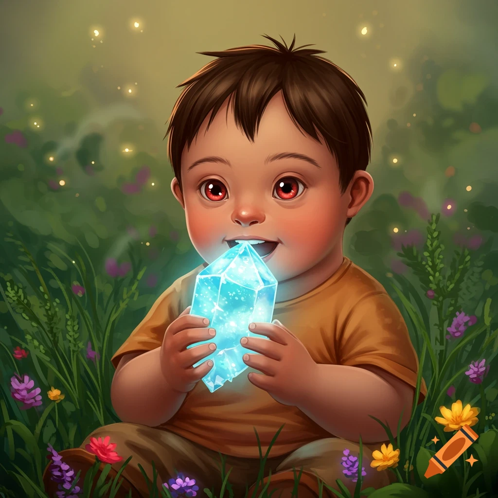 A child with red eyes holds a glowing blue crystal while sitting in a ...