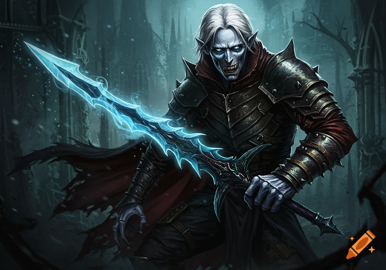 A white-haired vampire knight in dark armor holds a glowing blue sword ...