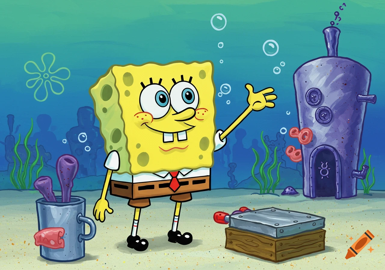 Spongebob Squarepants smiles and waves underwater near his house on Craiyon
