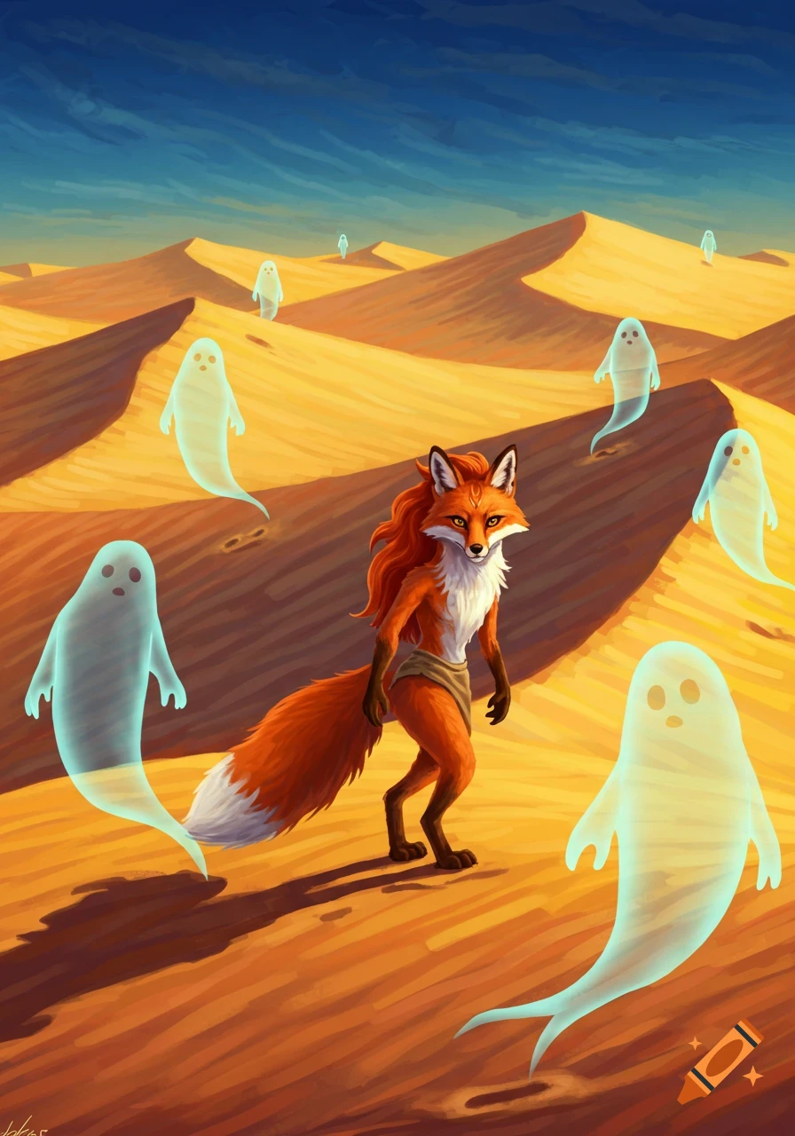 Fox woman walks through a desert with floating ghosts in a digital painting style. on Craiyon