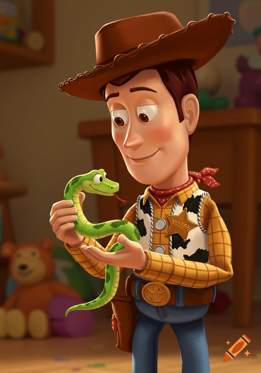 Cartoon illustration of Woody from Toy Story holding a green snake. on ...