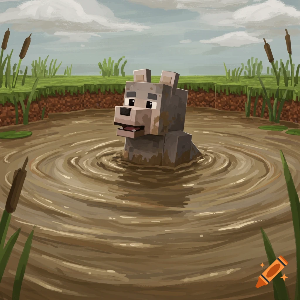A blocky wolf character in Minecraft style sinks in thick brown mud in ...